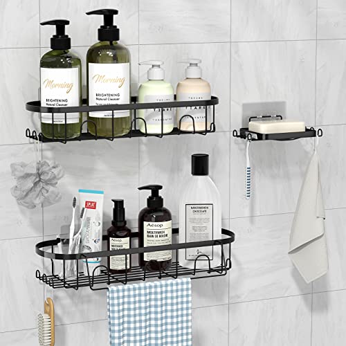 Meibeidor Shower Caddy Shelf Rack 3-Pack,No Drilling Adhesive Shower Shelves Inside Shower, Stainless Steel Shower Storage Accessories with 4 Hooks& Soap Holder, Wall Mount Organizer Black