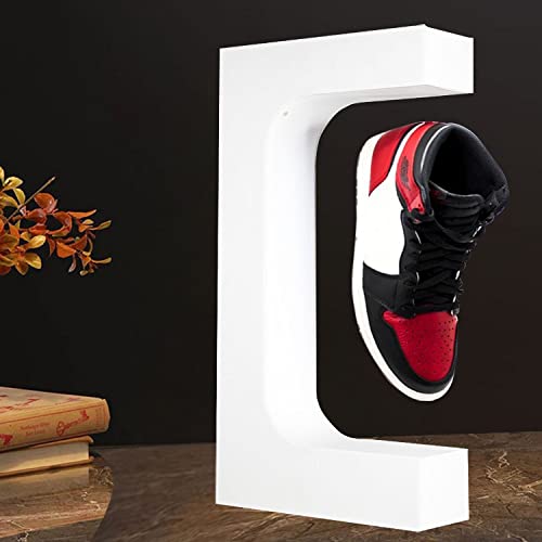 Floating Shoe Display Magnetic Levitating Sneaker Stand Holder Rotation Acrylic Rack with LED Light for Gift Advertising Exhibition Storefront Shop up to Size 13 Big Shoes (White Without Shoe)