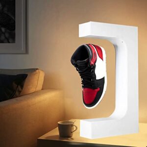 Floating Shoe Display Magnetic Levitating Sneaker Stand Holder Rotation Acrylic Rack with LED Light for Gift Advertising Exhibition Storefront Shop up to Size 13 Big Shoes (White Without Shoe)