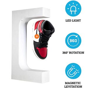 Floating Shoe Display Magnetic Levitating Sneaker Stand Holder Rotation Acrylic Rack with LED Light for Gift Advertising Exhibition Storefront Shop up to Size 13 Big Shoes (White Without Shoe)