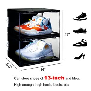 STAHMFOVER 2-Pack LED Sneakers Boxes-Voice Control,Stackable Clear Shoe Display Cases-Easy Access,Plastic Collection Storage Containers with Lids, Magnetic Open Shoe Organizer (Black)