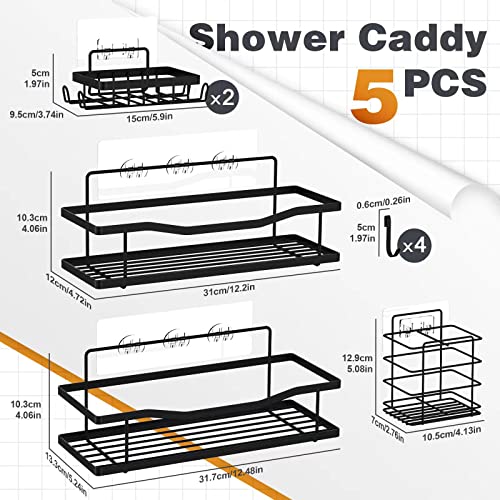 Monjuae Shower Caddy 5 Pack, Bathroom Organizer, Strong Adhesive Shower Shelves, No Drilling, Waterproof, Rustproof Shower Organizer for Inside Shower Rack, Shower Storage for Bathroom, Kitchen,Black