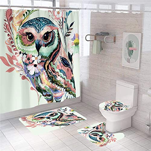 Colorful Owl Shower Curtain Sets with Rugs, Cute Oil Art Bathroom Sets with Shower Curtains and Rugs, Waterproof Fabric Bathroom Shower Curtain Sets