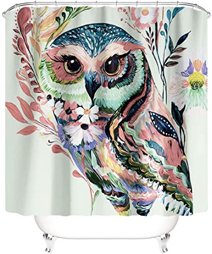 Colorful Owl Shower Curtain Sets with Rugs, Cute Oil Art Bathroom Sets with Shower Curtains and Rugs, Waterproof Fabric Bathroom Shower Curtain Sets