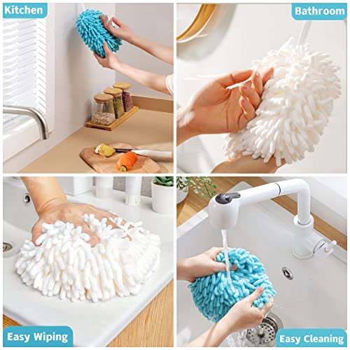 Chenille Hand Towels Set of 4, Enlarge 7.5 Inch Soft Highly-Absorbent Fast Drying Fuzzy Ball Hand Towels with 4 Hooks for Bathroom & Kitchen (2 Grey+2 Blue)