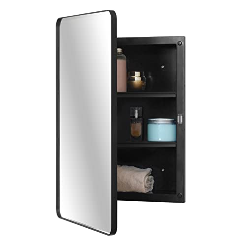 Fundin Plastic Medicine Cabinet, Beveled Edge Mirror Door with Round Corner Metal Frame, Recessed and Surface Mount, Black,16 x 24 inch Mirror Size