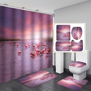 starblue-hgs beach sunset flamingo waterproof shower curtain set seaside sea sandy beach butterfly bathroom bathtub mat toilet cover mat set