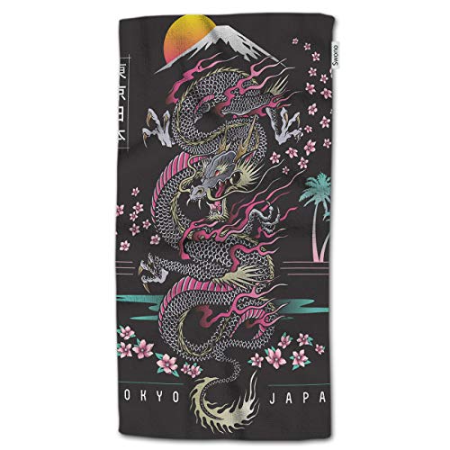 Swono Japanese Dragon Hand Towel,Abstract Dragon with Cherry Blossom with Japanese Style Hand Towels for Bath Hand Face Gym and Spa Bathroom Decoration 15"X30"