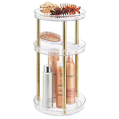 mDesign Spinning 3-Tier Lazy Susan 360 Rotating Makeup Organizer Storage Tower - Beauty Cosmetic Organization Caddy for Bathroom Vanity, Countertop, Makeup Table - Ligne Collection - Clear/Soft Brass