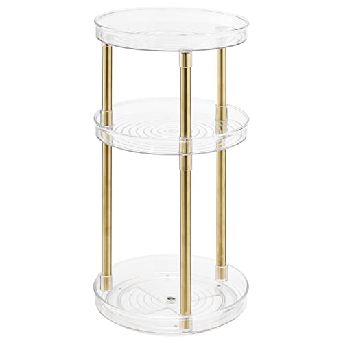 mDesign Spinning 3-Tier Lazy Susan 360 Rotating Makeup Organizer Storage Tower - Beauty Cosmetic Organization Caddy for Bathroom Vanity, Countertop, Makeup Table - Ligne Collection - Clear/Soft Brass