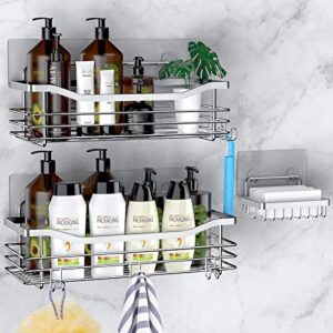 orimade shower caddy basket soap dish holder shelf with 5 hooks bathroom organizer shelf kitchen storage rack wall mounted adhesive no drilling rustproof sus304 stainless steel - 3 pack