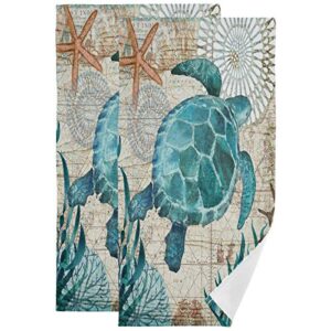 pfrewn sea turtle starfish retro map hand towels set of 2 underwater tropical ocean bathroom towel 16x30 in soft absorbent guest bath towel kitchen dish towel spa home bathroom decorations