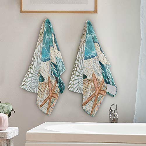 Pfrewn Sea Turtle Starfish Retro Map Hand Towels Set of 2 Underwater Tropical Ocean Bathroom Towel 16x30 in Soft Absorbent Guest Bath Towel Kitchen Dish Towel Spa Home Bathroom Decorations