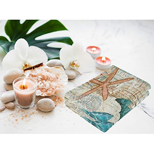 Pfrewn Sea Turtle Starfish Retro Map Hand Towels Set of 2 Underwater Tropical Ocean Bathroom Towel 16x30 in Soft Absorbent Guest Bath Towel Kitchen Dish Towel Spa Home Bathroom Decorations