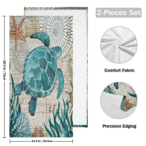 Pfrewn Sea Turtle Starfish Retro Map Hand Towels Set of 2 Underwater Tropical Ocean Bathroom Towel 16x30 in Soft Absorbent Guest Bath Towel Kitchen Dish Towel Spa Home Bathroom Decorations