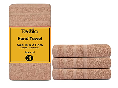 Textila Cotton Hand Towels - Pack of 3 - Beige Color - 16x27 Inches - Soft and Absorbent Towels for Bathroom, Kitchen, and Gym.