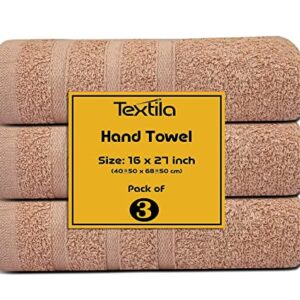 Textila Cotton Hand Towels - Pack of 3 - Beige Color - 16x27 Inches - Soft and Absorbent Towels for Bathroom, Kitchen, and Gym.