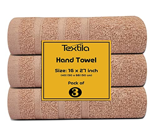 Textila Cotton Hand Towels - Pack of 3 - Beige Color - 16x27 Inches - Soft and Absorbent Towels for Bathroom, Kitchen, and Gym.