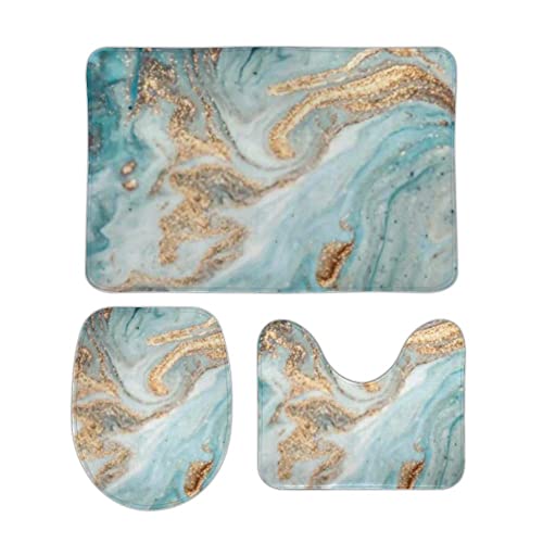 Fashion 3 Piece Bath Rugs Set Abstract Golden Turquoise Marble Texture Printed Non Slip Ultra Soft Bathroom Mats, U Shape Mat and Toilet Lid Cover Mat Bath Mats