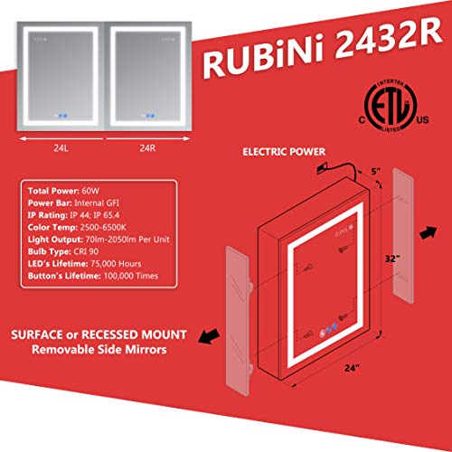 DECADOM LED Mirror Medicine Cabinet Recessed or Surface, Defogger, Dimmer, Clock, Room Temp Display, Makeup Mirror 3X, Outlets & USBs (RUBiNi 24x32/R)