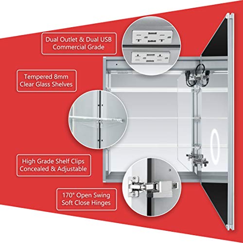 DECADOM LED Mirror Medicine Cabinet Recessed or Surface, Defogger, Dimmer, Clock, Room Temp Display, Makeup Mirror 3X, Outlets & USBs (RUBiNi 24x32/R)