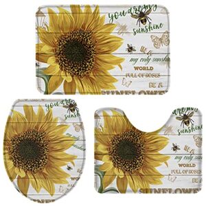 apular fashion 3 piece bath rugs set sunflowers printed non slip ultra soft bathroom mats, u shape mat and toilet lid cover mat bath mats