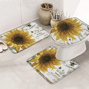 Apular Fashion 3 Piece Bath Rugs Set Sunflowers Printed Non Slip Ultra Soft Bathroom Mats, U Shape Mat and Toilet Lid Cover Mat Bath Mats