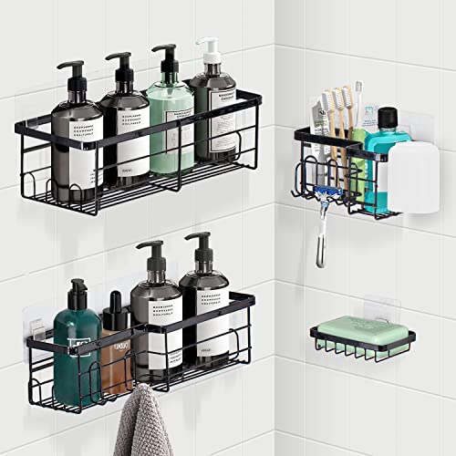 Shower Caddy 4 Pack, Black Bathroom Self Adhesive Shower Caddy Shelf with Shower Soap Holder for Shower Wall, Bathroom Shower Organizer Shampoo Holder, Bathroom Shower Shelves for Inside Shower