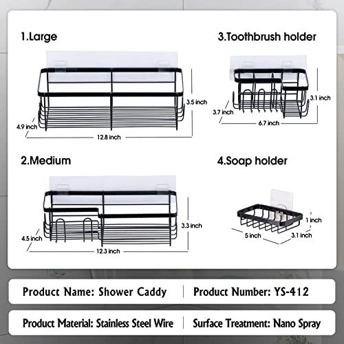 Shower Caddy 4 Pack, Black Bathroom Self Adhesive Shower Caddy Shelf with Shower Soap Holder for Shower Wall, Bathroom Shower Organizer Shampoo Holder, Bathroom Shower Shelves for Inside Shower