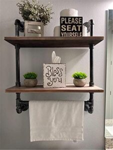 looftmate industrial pipe shelf,2 tiered metal towel racks for bathroom,20" industrial pipe floating shelves shelving,rustic wood wall mount shelf with towel bar,iron towel holder