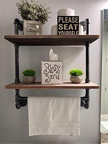 LooftMate Industrial Pipe Shelf,2 Tiered Metal Towel Racks for Bathroom,20" Industrial Pipe Floating Shelves Shelving,Rustic Wood Wall Mount Shelf with Towel Bar,Iron Towel Holder