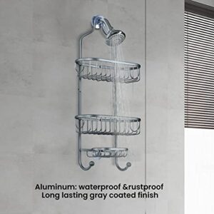 GOODBUY Shower Caddy Over Shower Head, Aluminum Shower Organizer Hanging, Rustproof Shower Rack Shower Shelf Shower Holder for Shampoo and Soap with 2 Wash Cloth Hooks, Gray, 11.8" x 4.7" x 25"