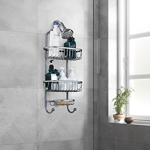 GOODBUY Shower Caddy Over Shower Head, Aluminum Shower Organizer Hanging, Rustproof Shower Rack Shower Shelf Shower Holder for Shampoo and Soap with 2 Wash Cloth Hooks, Gray, 11.8" x 4.7" x 25"