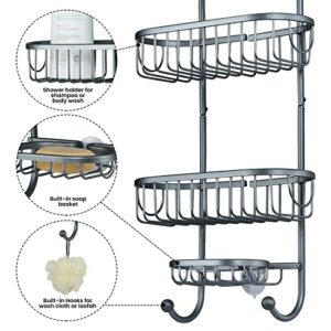 GOODBUY Shower Caddy Over Shower Head, Aluminum Shower Organizer Hanging, Rustproof Shower Rack Shower Shelf Shower Holder for Shampoo and Soap with 2 Wash Cloth Hooks, Gray, 11.8" x 4.7" x 25"