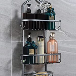 GOODBUY Shower Caddy Over Shower Head, Aluminum Shower Organizer Hanging, Rustproof Shower Rack Shower Shelf Shower Holder for Shampoo and Soap with 2 Wash Cloth Hooks, Gray, 11.8" x 4.7" x 25"