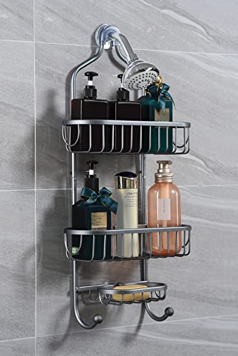 GOODBUY Shower Caddy Over Shower Head, Aluminum Shower Organizer Hanging, Rustproof Shower Rack Shower Shelf Shower Holder for Shampoo and Soap with 2 Wash Cloth Hooks, Gray, 11.8" x 4.7" x 25"