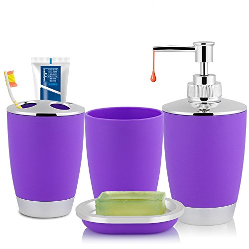 Bathroom Accessories Set, 4pcs Bathroom Vanity Accessory Include Soap Dispenser Pump, Toothbrush Holder, Toothbrush Cup, Soap Dish(Purple)