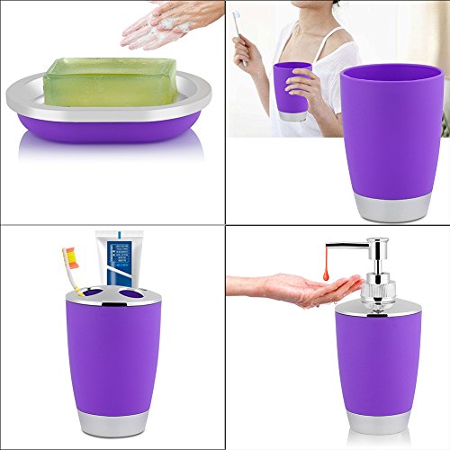 Bathroom Accessories Set, 4pcs Bathroom Vanity Accessory Include Soap Dispenser Pump, Toothbrush Holder, Toothbrush Cup, Soap Dish(Purple)