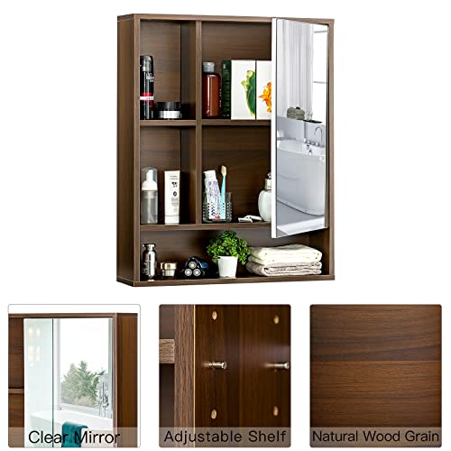 ChooChoo Bathroom Wall Mirror Cabinet, Medicine Cabinet with Single Door and Adjustable Shelf, Over The Toilet Space Saver Storage Cabinet, Walnut