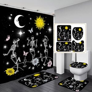 rinrinfam 4pcs skull shower curtain set,sun moon sunflower butterfly shower curtain set non-slip rug,toilet lid cover,u shape mat,waterproof bathroom decor sets with 12 hooks, black yellow