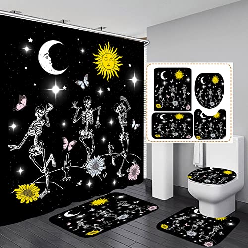 RinRinfam 4Pcs Skull Shower Curtain Set,Sun Moon Sunflower Butterfly Shower Curtain Set Non-Slip Rug,Toilet Lid Cover,U Shape Mat,Waterproof Bathroom Decor Sets with 12 Hooks, Black Yellow