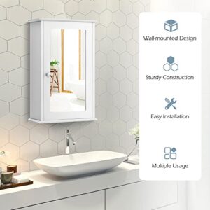 Tangkula Mirrored Bathroom Cabinet, Wall Mount Storage Cabinet with Single Door, Bathroom Medicine Cabinet (White)