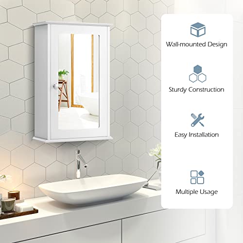 Tangkula Mirrored Bathroom Cabinet, Wall Mount Storage Cabinet with Single Door, Bathroom Medicine Cabinet (White)