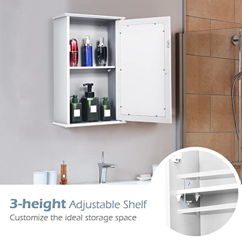 Tangkula Mirrored Bathroom Cabinet, Wall Mount Storage Cabinet with Single Door, Bathroom Medicine Cabinet (White)