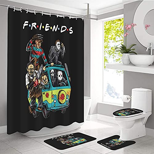 fmsnupz Halloween Shower Curtain 4Pcs Set, Horror Movie Bathroom Set with Non-Slip Rugs, Toilet Lid Cover and Bath Mat, Waterproof Fabric Shower Curtains with 12 Hooks