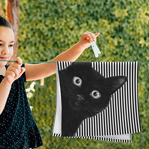 Black Cat Hand Towels Set of 2 Vertical Stripe Absorbent Soft Dry Towel Dish Towels for Bathroom Laundry Room Spa Decor