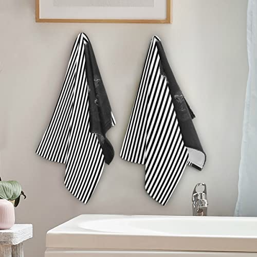 Black Cat Hand Towels Set of 2 Vertical Stripe Absorbent Soft Dry Towel Dish Towels for Bathroom Laundry Room Spa Decor