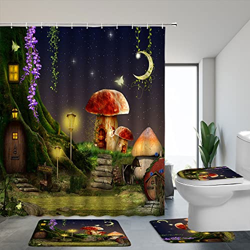 JONSEQIN 4 Piece Fairytale Forest Shower Curtain Sets with Rugs, Toilet Lid Cover and Bath Mat, Mushroom Bathroom Sets with Shower Curtain and Rugs and 12 Hooks Accessories