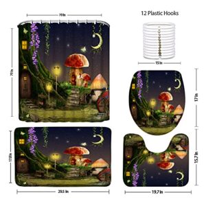 JONSEQIN 4 Piece Fairytale Forest Shower Curtain Sets with Rugs, Toilet Lid Cover and Bath Mat, Mushroom Bathroom Sets with Shower Curtain and Rugs and 12 Hooks Accessories