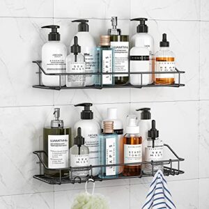 odesign adhesive bathroom shelf shower caddy with hooks razor bath sponge holder kitchen storage organizer spice rack wall mount no drilling rustproof stainless steel black - 2 tier